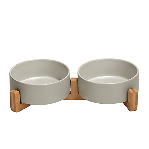 Ceramic Dog and Cat Bowl with Wood Stand Non-Slip Matte Glaze Weighted Food Water Set for Cats &Small Dogs 13.5OZ