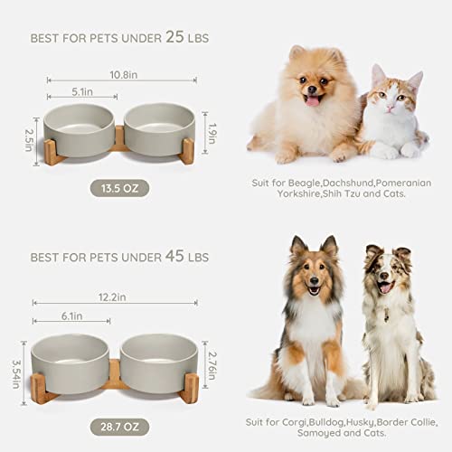 Ceramic Dog and Cat Bowl with Wood Stand Non-Slip Matte Glaze Weighted Food Water Set for Cats &Small Dogs 13.5OZ