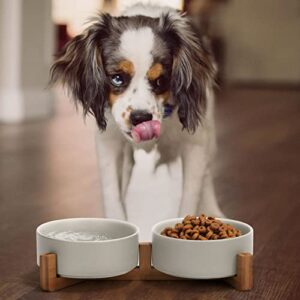 Ceramic Dog and Cat Bowl with Wood Stand Non-Slip Matte Glaze Weighted Food Water Set for Cats &Small Dogs 13.5OZ