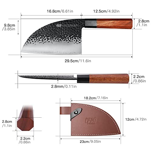 FINDKING Dynasty Series Serbian Chefs Knife with Leather Sheath, Heavy Duty Meat Cleaver, 9Cr18MoV High Carbon Steel Blade, African Rosewood Octagonal Handle, for Meat, Chicken Bones, 6.5 Inches