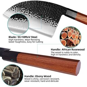 FINDKING Dynasty Series Serbian Chefs Knife with Leather Sheath, Heavy Duty Meat Cleaver, 9Cr18MoV High Carbon Steel Blade, African Rosewood Octagonal Handle, for Meat, Chicken Bones, 6.5 Inches