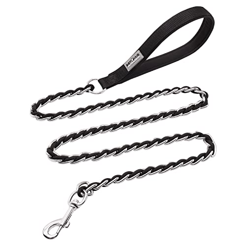 Chew Proof Metal Leash Chain Dog Leash for Medium Large Dogs, Chain Link Dog Leash Anti Chew 5FT Strong Anti Bite Dog Leash Comfortable Soft Padded Handle Black