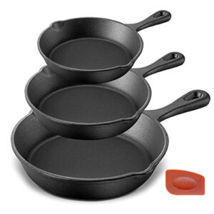 nutrichef pre-seasoned cast iron skillet 3 pieces kitchen frying pan nonstick cookware set w/drip spout-silicone handles, scraper-electric stovetop, induction, gas range, ceramic, ncci76, black