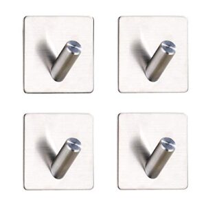 4 pack adhesive hooks metal heavy duty wall mounted 3m sticky hook for hanging coat, scarf, bag, towel, keys for home, bedroom, entryway no damage wall hangers square brushed nickel