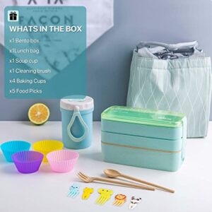 Bento Box Japanese Lunch Box Kit (11 PCS) 3-In-1 Compartment, Leak-proof Bento Lunch Box Meal Prep Containers with Utensils, Bento Boxes for Adults/Kids (Green)