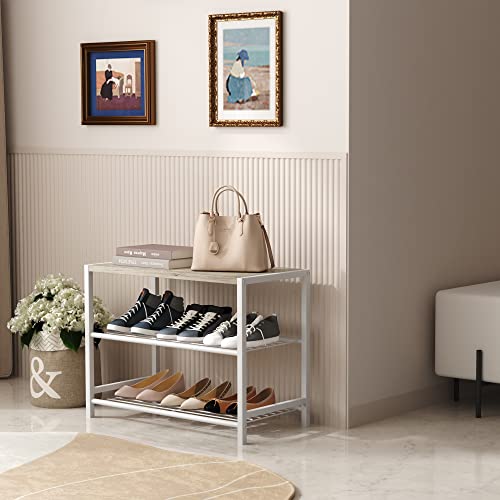 HOMEFORT 3-Tier Shoe Rack, Shoe Storage Shelf, Industrial Shoe Tower, Narrow Shoe Organizer for Closet Entryway, Small Shoe Rack Table with Durable Metal Shelves, White Oak