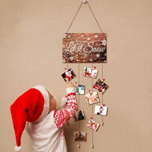 Christmas Card Holder Display Wooden Christmas Tree Let It Snow Wall Hanging Picture Holder with 35 Snowflake Wooden Photo Clips Picture Frame Decoration for Hanging Christmas Cards Photo Paper Crafts