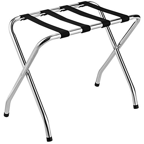 Tangkula Chrome Luggage Rack for Guest Room, No Assembly Required, Folding Metal Suitcase Stand with Nylon Belts, for Home Bedroom Guest Room Hotel, Luggage Rack, Silver (1)