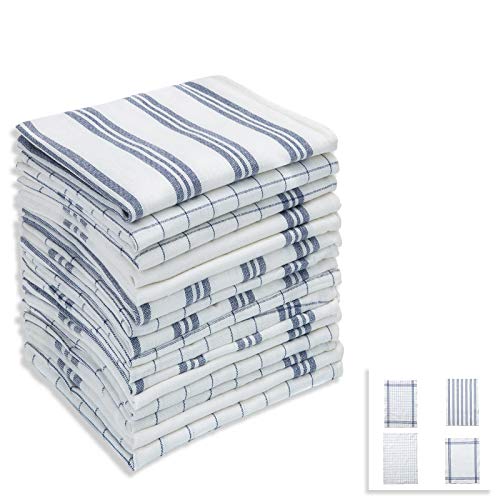 Syfinee 16 pcs - Kitchen Dish Towels, 100% Cotton Bulk Economy Wholesale Tea Towels & Bar Towels, White & Blue Dish Towels