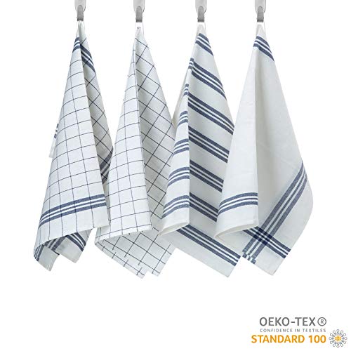 Syfinee 16 pcs - Kitchen Dish Towels, 100% Cotton Bulk Economy Wholesale Tea Towels & Bar Towels, White & Blue Dish Towels