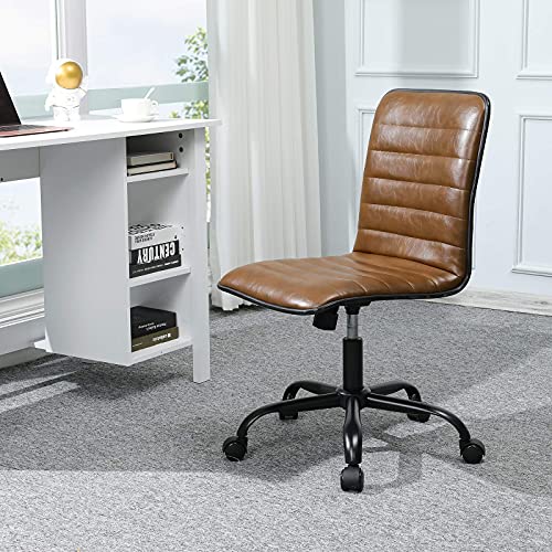 DICTAC Leather Home Office Chairs Brown Desk Chair armless Industrial Task Chair for Small Spaces, Mid Century Vanity Chair with Wheels, Adjustable 30° tilt Mechanism, Capacity 400lbs