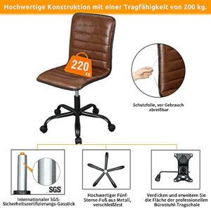 DICTAC Leather Home Office Chairs Brown Desk Chair armless Industrial Task Chair for Small Spaces, Mid Century Vanity Chair with Wheels, Adjustable 30° tilt Mechanism, Capacity 400lbs