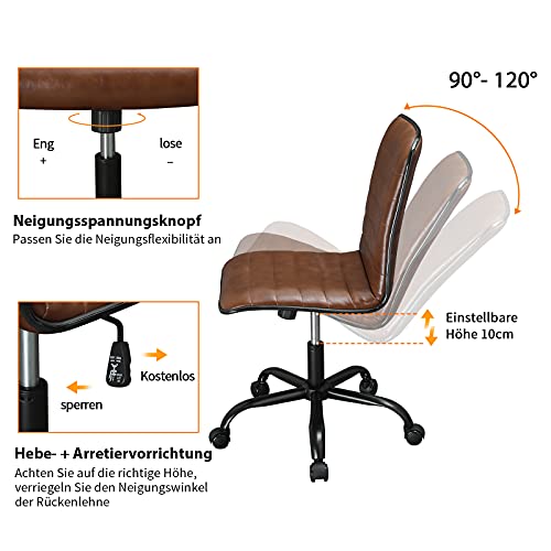 DICTAC Leather Home Office Chairs Brown Desk Chair armless Industrial Task Chair for Small Spaces, Mid Century Vanity Chair with Wheels, Adjustable 30° tilt Mechanism, Capacity 400lbs