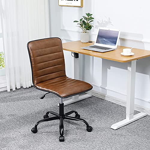 DICTAC Leather Home Office Chairs Brown Desk Chair armless Industrial Task Chair for Small Spaces, Mid Century Vanity Chair with Wheels, Adjustable 30° tilt Mechanism, Capacity 400lbs