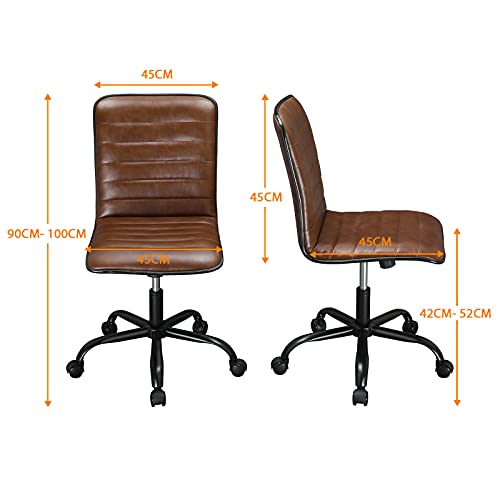 DICTAC Leather Home Office Chairs Brown Desk Chair armless Industrial Task Chair for Small Spaces, Mid Century Vanity Chair with Wheels, Adjustable 30° tilt Mechanism, Capacity 400lbs