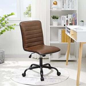 DICTAC Leather Home Office Chairs Brown Desk Chair armless Industrial Task Chair for Small Spaces, Mid Century Vanity Chair with Wheels, Adjustable 30° tilt Mechanism, Capacity 400lbs