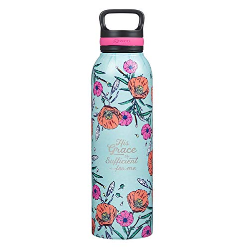 Christian Art Gifts Stainless Steel Double Wall Vacuum Insulated Water Bottle for Women: His Grace is Sufficient - 2 Corinthians 12:9 Inspirational Verse w/Carry Handle Lid, Teal Multi Floral, 24 oz.