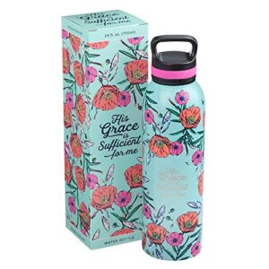 Christian Art Gifts Stainless Steel Double Wall Vacuum Insulated Water Bottle for Women: His Grace is Sufficient - 2 Corinthians 12:9 Inspirational Verse w/Carry Handle Lid, Teal Multi Floral, 24 oz.