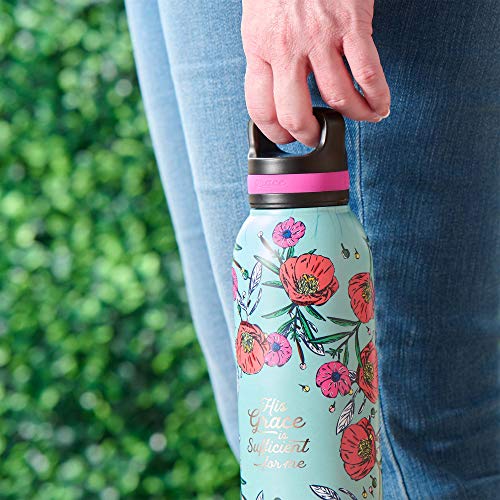 Christian Art Gifts Stainless Steel Double Wall Vacuum Insulated Water Bottle for Women: His Grace is Sufficient - 2 Corinthians 12:9 Inspirational Verse w/Carry Handle Lid, Teal Multi Floral, 24 oz.