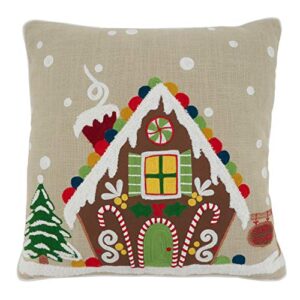 saro lifestyle ariadne collection gingerbread house throw pillow cover, 18", natural