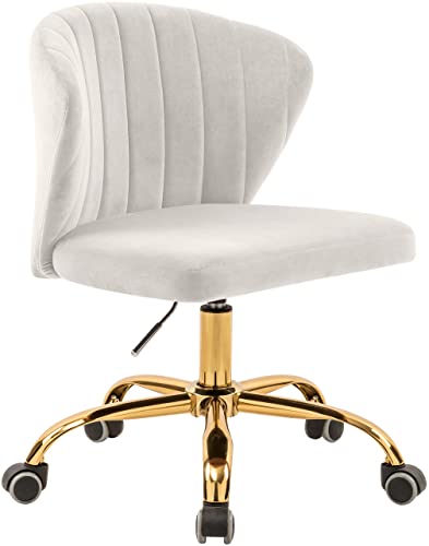 Meridian Furniture 165Cream Finley Collection Modern | Contemporary Velvet Upholstered Swivel Adjustable Office Chair with Channel Tufting and Gold Base, Cream, 21.5" W x 21" D x 29.95"-34.65" H