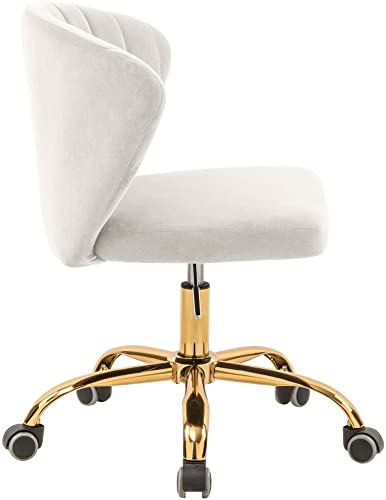 Meridian Furniture 165Cream Finley Collection Modern | Contemporary Velvet Upholstered Swivel Adjustable Office Chair with Channel Tufting and Gold Base, Cream, 21.5" W x 21" D x 29.95"-34.65" H