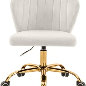 Meridian Furniture 165Cream Finley Collection Modern | Contemporary Velvet Upholstered Swivel Adjustable Office Chair with Channel Tufting and Gold Base, Cream, 21.5" W x 21" D x 29.95"-34.65" H