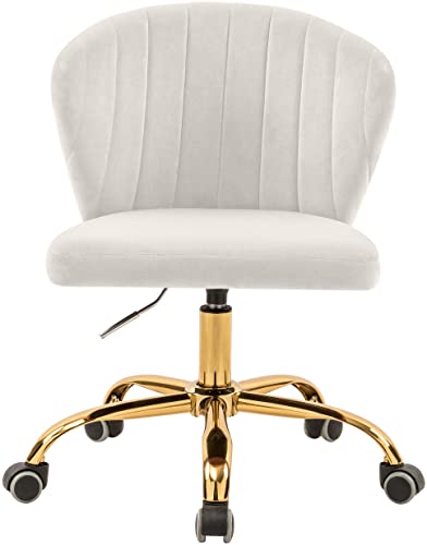 Meridian Furniture 165Cream Finley Collection Modern | Contemporary Velvet Upholstered Swivel Adjustable Office Chair with Channel Tufting and Gold Base, Cream, 21.5" W x 21" D x 29.95"-34.65" H