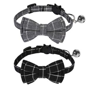 slson 2 pack breakaway cat collar with bell and bow tie plaid kitten collar for cats and small dogs pets adjustable from 8-11in, black and grey