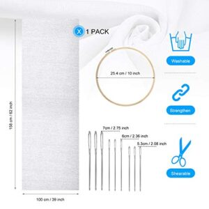 62 by 34.6 Inch Nature Linen Needlework Fabric Embroidery Fabric Plain Solid Color Linen Fabric Cloth with Embroidery Hoop and 9 Pieces Large-Eye Knitting Blunt Needles for Garments Crafts Accessories