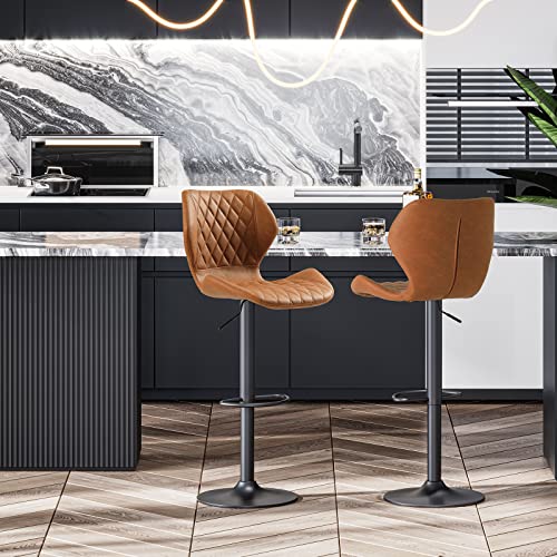 DICTAC Leather Bar Stools Set of 2 Brown Adjustable Bar Stools, Breakfast Bar Stools Counter Height Swivel Bar Chairs for Kitchens Island, 400lbs Capacity