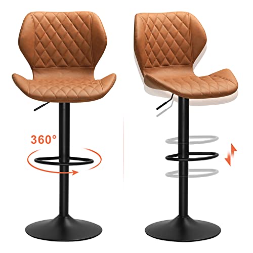 DICTAC Leather Bar Stools Set of 2 Brown Adjustable Bar Stools, Breakfast Bar Stools Counter Height Swivel Bar Chairs for Kitchens Island, 400lbs Capacity