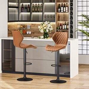 DICTAC Leather Bar Stools Set of 2 Brown Adjustable Bar Stools, Breakfast Bar Stools Counter Height Swivel Bar Chairs for Kitchens Island, 400lbs Capacity