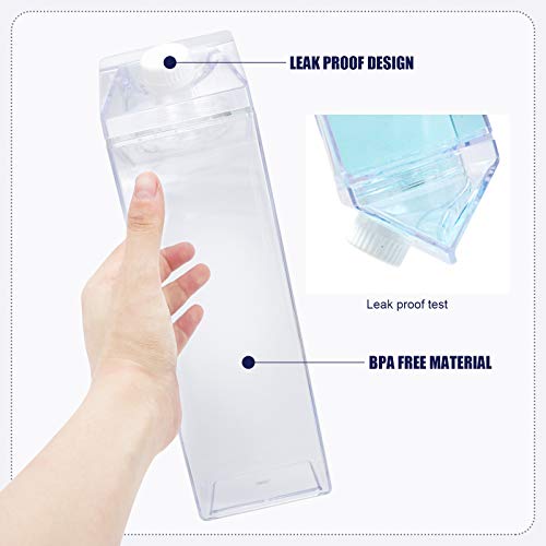 Bac-kitchen 33oz Milk Carton Water Bottle -Clear Square Milk Bottles BPA Free Portable Water Bottle with Stickers and Bottle Brush for Outdoor Sports Travel Camping Activities (H05)