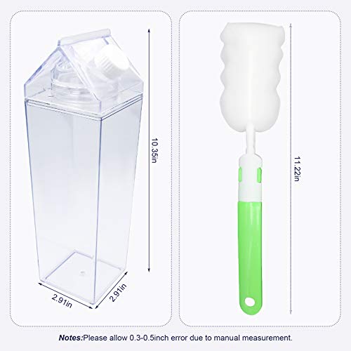 Bac-kitchen 33oz Milk Carton Water Bottle -Clear Square Milk Bottles BPA Free Portable Water Bottle with Stickers and Bottle Brush for Outdoor Sports Travel Camping Activities (H05)