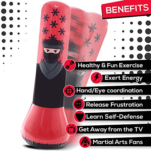 Whoobli Ninja Inflatable Kids Punching Bag, Inflatable Toy Punching Bag for Kids, Bounce-Back Bop Bag for Play, Boxing, Karate, Anger Management, Gift for 3-7 Years Old, Toys Age 3 4 5 6 7; New 2022