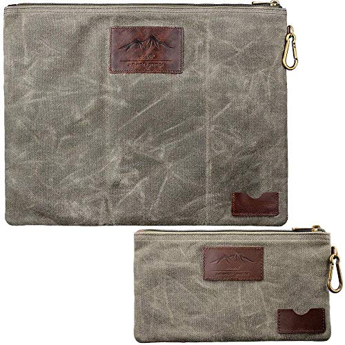 Water Resistant Zipper Document Holder, Fits Manila Folder, Rustic Large Waxed Canvas Pouch with Full Grain Leather, Inner Pockets, Carabiner, Travel Accessories. Olive.