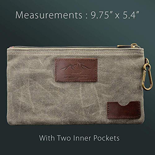 Water Resistant Zipper Document Holder, Fits Manila Folder, Rustic Large Waxed Canvas Pouch with Full Grain Leather, Inner Pockets, Carabiner, Travel Accessories. Olive.