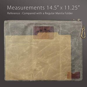 Water Resistant Zipper Document Holder, Fits Manila Folder, Rustic Large Waxed Canvas Pouch with Full Grain Leather, Inner Pockets, Carabiner, Travel Accessories. Olive.