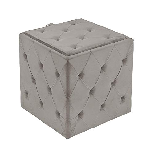 Inspire Me! Home Décor Genevieve Ottoman with Inset Faux Marble Tray Table Lid, Classy Pewter Grey Soft Velvet, 17 x 17 x 17 in, Glamorous Tufted Design, Comfortable Seating, Hidden Storage