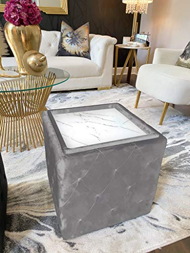 Inspire Me! Home Décor Genevieve Ottoman with Inset Faux Marble Tray Table Lid, Classy Pewter Grey Soft Velvet, 17 x 17 x 17 in, Glamorous Tufted Design, Comfortable Seating, Hidden Storage