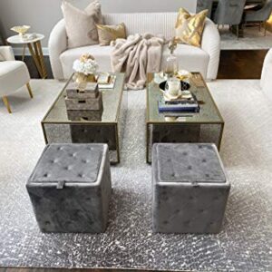 Inspire Me! Home Décor Genevieve Ottoman with Inset Faux Marble Tray Table Lid, Classy Pewter Grey Soft Velvet, 17 x 17 x 17 in, Glamorous Tufted Design, Comfortable Seating, Hidden Storage