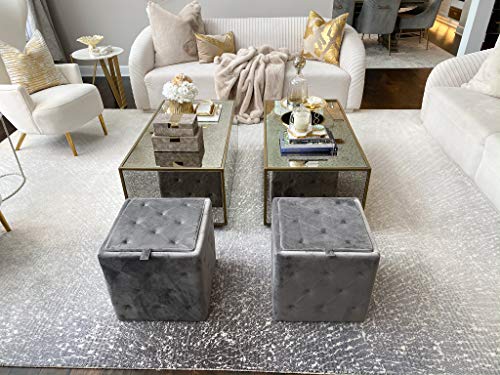 Inspire Me! Home Décor Genevieve Ottoman with Inset Faux Marble Tray Table Lid, Classy Pewter Grey Soft Velvet, 17 x 17 x 17 in, Glamorous Tufted Design, Comfortable Seating, Hidden Storage