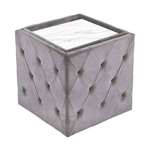 Inspire Me! Home Décor Genevieve Ottoman with Inset Faux Marble Tray Table Lid, Classy Pewter Grey Soft Velvet, 17 x 17 x 17 in, Glamorous Tufted Design, Comfortable Seating, Hidden Storage