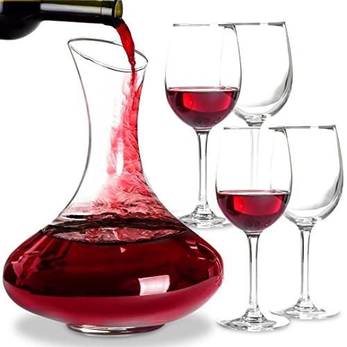 Chef's Star 61 Ounce Wine Decanter with Aerator, Wine Carafe Set with Stemmed Glasses, No handle Wine Decanter Set and 4 Glasses