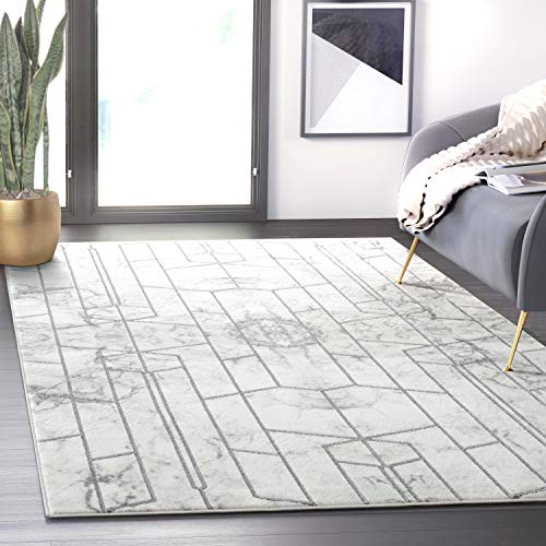 Abani Geometric Linear 5'3" x 7'6" (5x8) Rugs Living Room Area Rug - Modern Non-Shedding Marble White & Silver Abstract Lines Carpet