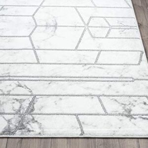 Abani Geometric Linear 5'3" x 7'6" (5x8) Rugs Living Room Area Rug - Modern Non-Shedding Marble White & Silver Abstract Lines Carpet