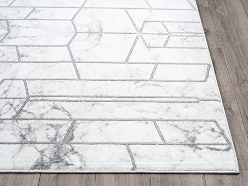 Abani Geometric Linear 5'3" x 7'6" (5x8) Rugs Living Room Area Rug - Modern Non-Shedding Marble White & Silver Abstract Lines Carpet