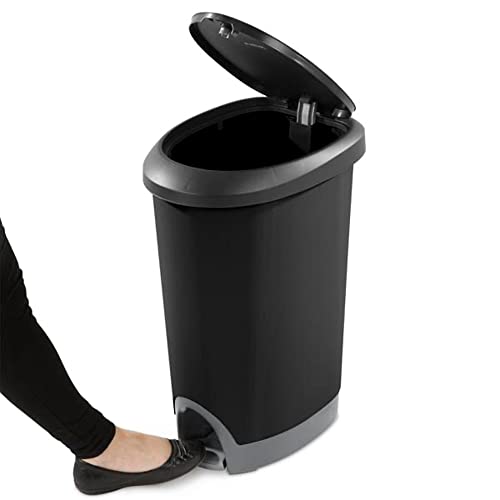 Sterilite 12.6 Gallon Hands Free Home Kitchen Wastebasket Trashcan with Locking Lid and Step On Pedal, Black, 4 Pack