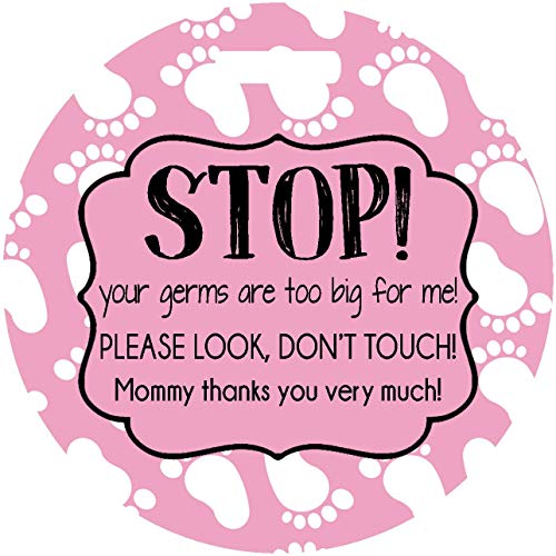 Stop Please Look Don't Touch - Pink with Footprints - Germ Tag - Stroller Car Seat - Baby Newborn Preemie - Baby Shower Gift